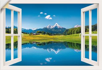Artland ARTland Wanddeko Wandtattoo selbstklebende Vinylfolie 100x70 cm Fensterblick Fenster See Landschaft Berge Alpen Bergsee Natur T4RC