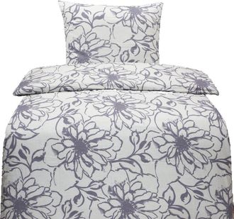Generic Hochwertige Biber Bettw&auml;sche Baumwolle Blumen Wei&szlig; Grau 135x200 80x80 Set 2tlg
