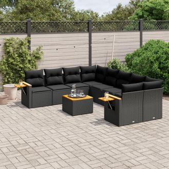 Festnight Yunovire 9-TLG. Garten-Sofagarnitur Schwarz Poly Rattan, Modulares Outdoor Loungesofa mit Akazienholz-Tisch, UV-best&auml;ndig, Abnehmbare Kissenbez&uuml;ge, f&uuml;