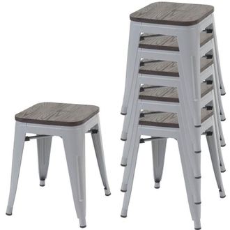 Hhg 6er-Set Hocker HHG-771 inkl. Holz-Sitzfl&auml;che, Metallhocker Sitzhocker, Metall Industriedesign stapelbar grau