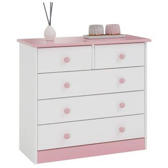 IDIMEX Kommode Rondo, sch&ouml;ne Anrichte mit 5 Schubladen, praktisches Sideboard aus massiver Kiefer in wei&szlig;/rosa, Zeitlose Schubladenkommode mit Holzgriffe