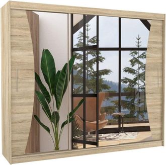 Les Tendances Les Tendances - Grande armoire de chambre à coucher 3 portes coulissantes bois clair et miroir Douko 250cm