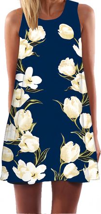Ocean Plus Damen Sommer Mini &Auml;rmellos Bunt Tops Kleider Pfau Strandkleider Kurz A-Linie Kleid Ohne Arm Feizeitkleid (S (EU 34-36), Wei&szlig;e Rosen)