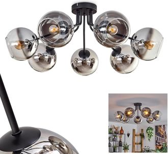 HOFSTEIN Deckenleuchte Koyoto, Deckenlampe aus Metall/Glas in Schwarz/Chromfarben, Leuchte im Retro/Vintage-Design mit Schirmen aus Glas (Ø 15 cm), 3 x E14, oh