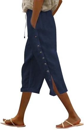 Generic IQYU Pantalon d&eacute;t&eacute; l&eacute;ger 3/4 pour femme - Pantalon sarouel - Pantalon d&eacute;t&eacute; l&eacute;ger - Avec fente - Pantalon d&eacute;t&eacute; ample - Pantalon d&eacute;t&eacute; l&eacute;ger - Taille hau