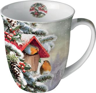 Ambiente Tasse Weihnachten Rotkehlchen im winterlichen Vogelhaus aus Porzellan. Motivtasse für den gedeckten Tisch und als Geschenk 0,4L x H10,5cm