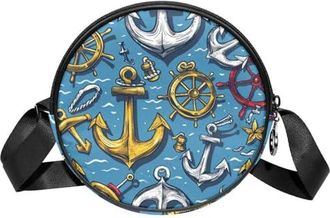 Generic Sac &agrave; bandouli&egrave;re rond pour femme, motif ancres, roues, petit sac &agrave; bandouli&egrave;re avec fermeture &eacute;clair, bretelles r&eacute;glables, sac &agrave; main rond d&eacute;contract