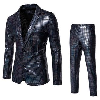 Generic Costume disco des ann&eacute;es 70 pour homme - 2 pi&egrave;ces - Veste &agrave; paillettes - Coupe r&eacute;guli&egrave;re - Brillant - Pour f&ecirc;te, bal de fin dann&eacute;e, Noir, XXL