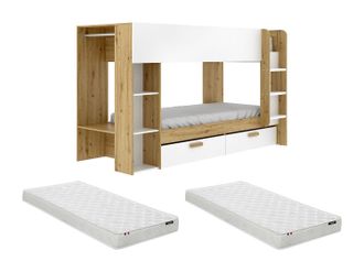 Vente-Unique Etagenbett 2 x 90 x 200 cm mit Stauraum und Kleiderschrank - Wei&szlig; und nat&uuml;rlich + Matratze - OSANA