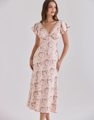House of CB Raye - Robe mi-longue en satin avec col V et imprim&eacute; fleuri style vintage - Rose