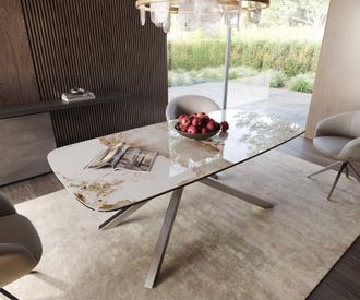 DELIFE Esstisch Edge Boot 200x100 Keramik Minas Melange Wei&szlig;-Beige Kreuzgestell Rechteck Edelstahl, Esstische