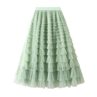 Generic Jupe longue pliss&eacute;e en mousseline de soie pour femme - Jupe tutu &agrave; volants - Longueur mollet - Taille haute, Vert, M