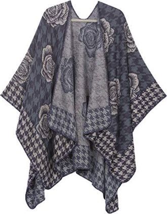 Sakkas 1928 - Lupe Womens R&eacute;versible Poncho Wrap Cape Ch&acirc;le Manteau Cardigan Mod&egrave;le - Pied de Poule Gris - OS