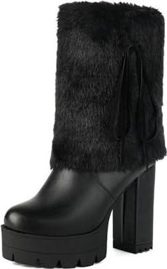 Generic Bottes Dhiver Doubl&eacute;es Pour Femmes, &Agrave; Talon Bloc &Eacute;l&eacute;gantes Bottes Cuir PU Bord&eacute;es Fourrure Avec Col Montant Fourrure Fermeture &Eacute;clair La Cheville Bott