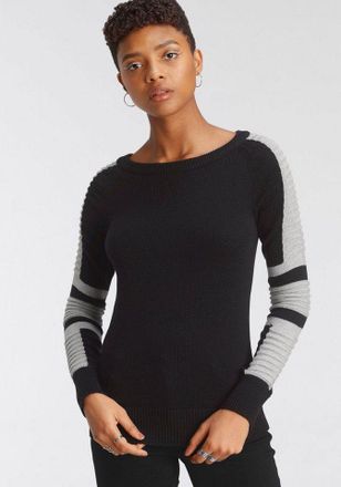 Arizona Rundhalspullover im Bikerstil mit Ärmeln in Fein - und grobem Rippenstrick