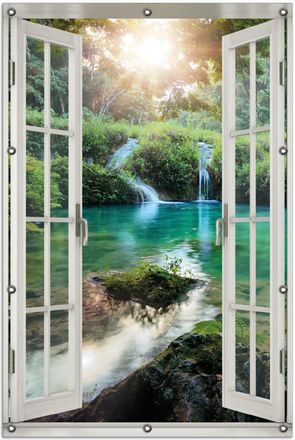 Wallario Outdoor-Poster für Garten oder Balkon Türkisgrüner See im Nationalpark in Guatemala, Motivbanner Größe: ca. 100 x 150 cm mit Fenster-Illusion