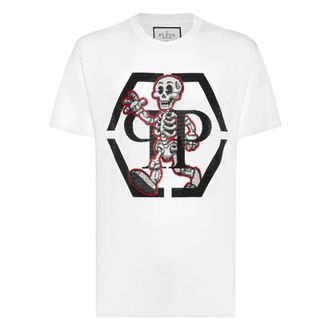 Philipp Plein Homme, Tops, Blanc, Taille: 5XL T-Shirt Col Rond Skeleton