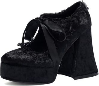 Generic Mary Jane Escarpins &agrave; plateforme en velours pour femme - Talon &eacute;pais - Bout rond - Dentelle - Noeud papillon - Chaussures punk pour f&ecirc;te, Noir, 38.5 E