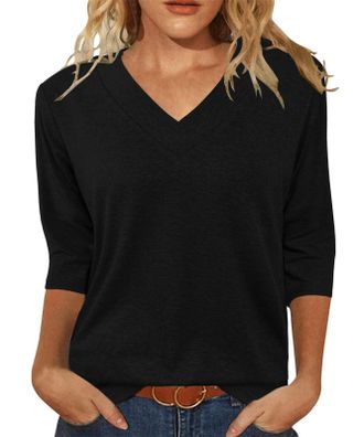 Minetom T Shirt Damen 3/4 Arm V-Ausschnitt T-Shirt Sommer Oberteil Pullover Herbst Basic Shirts A Schwarz XXL