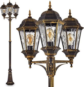 HOFSTEIN Außenleuchte Hongkong, 3-armig, Kandelaber Braun-Gold, 3 x E27, Gartenbeleuchtung aus Aluguss mit echten Glasscheiben, Laterne für den Aussenbereich, 