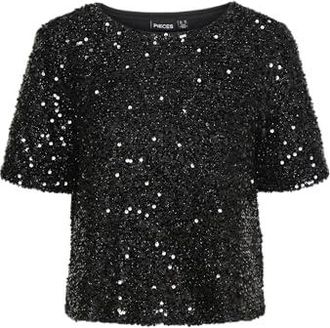Pieces Pcserena Sequin SS O-Neck Top Mm T-Shirt, Noir/détail : Noir Sequince, S Femme