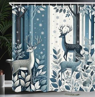 Abakuhaus No&euml;l Rideau de Douche, Ethnique Hiver Feuilles Cerf, Tissu Ensemble de D&eacute;cor de Salle de Bain avec Crochets, 175 x 200 cm, Bleu-Gris Gris Fonc&eacute;