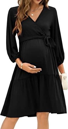 KOJOOIN Robe de maternité pour Femme Col en V Manches 3/4 Robe dallaitement à Volants Robes de maternité avec Ceinture,Noir (Manches 3/4),XXL