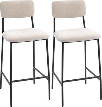 HOMCOM Set of 2 Bar Stools, Chenille High Kitchen Stools with High Backrest, Footrest and Thick Soft Seat, Steel Frame, High Bar Chairs, for Peninsula, Dinin