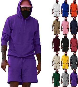 Generic Surv&ecirc;tement uni &agrave; capuche et short pour homme - Sweat &agrave; capuche &agrave; manches longues - Coupe ajust&eacute;e - Avec cordon de serrage et poches avant - Ensemble 