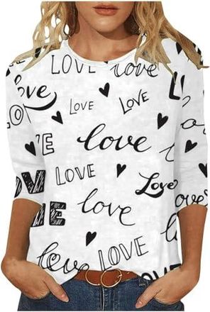 Generic 2026 Saint-Valentin femmes automne et hiver d&eacute;contract&eacute; mode col rond impression Saint-Valentin t-shirt &agrave; manches trois quarts, gris fonc&eacute;, XXL