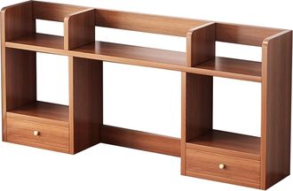 Generic Schreibtischregal Organizer aus Holz, 2 Tier Schreibtischregal Tischregal mit Zwei Schubladen, Desk Shelf Holz for Home Office Dorm(Brown,120X16X52)
