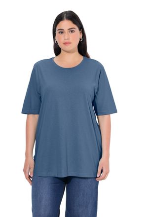 Ulla Popken Damen gro&szlig;e Gr&ouml;&szlig;en &Uuml;bergr&ouml;&szlig;en bis 72, Basic T-Shirt, Oberteil, Regular Fit, Rundhalsausschnitt, Halbarm, denimblau 42+ 486910721-42+