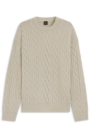 HUGO BOSS Strickpullover natur,Basic,Wolle,Strukturiert,Rundhals,Lang,Relaxed Fit