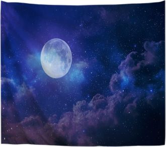 A.Monamour Wandteppiche Wanddekor Runder Vollmond In Blauen Himmelssternen Und Wolken Astrologie Stoff Wandtuch Wandbehang Wandkunst Wandbilder für Schlafzimmer 
