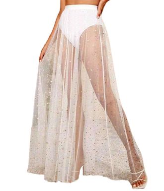 Minetom Glitzer Rock Damen Party Rock Mit Mesh Transparent Rock Mit Hose Drunter 2 In 1 Rock Strand R&ouml;cke Clubwear A Wei&szlig; XXL
