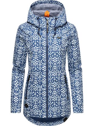Ragwear leichte Damen Übergangsjacke lang Parka wasserdicht mit coolem Allover-Print und großer Kapuze Zuzka Ikat Indigo Blue Gr. L