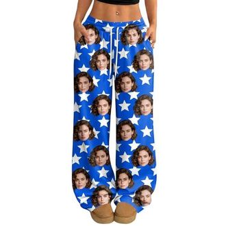 Generic Pantalon personnalis&eacute; avec photo de visage pour femme - Pantalon de jogging personnalis&eacute; avec cordon de serrage - Jambe droite, bleu, M