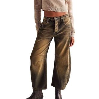 Generic Jean baggy taille haute pour femme - Pantalon Haren &agrave; jambes larges - Pantalon vintage en jean pour femme - Taille haute - Jambe large - Pantalon avec