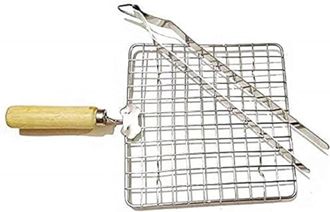 Generic Edelstahl-Br&auml;ter aus Holz mit Zangen-Chimta-Griff in quadratischer Form zum Braten von Chapati, Papad, Roti, Grillen von Toast, K&auml;se, Brinjal Bratnetz