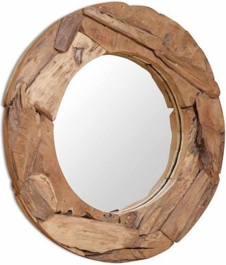 vidaXL Vidaxl - Miroir d&eacute;coratif en teck 80 cm rond - Fabrication artisanale - Couleur marron - Verre de haute qualit&eacute; - D&eacute;coration int&eacute;rieure unique