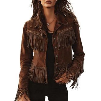 Generic Vestes en daim synth&eacute;tique &agrave; franges pour femme, style vintage, cowgirl occidentale, pompons, haut de moto en daim pour femme, haut &agrave; revers, caf&eacute;, XX