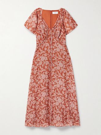 La Ligne Midikleid Aus Crêpe De Chine Aus Seide Mit Blumenprint, Volants Und Schleife - Orange