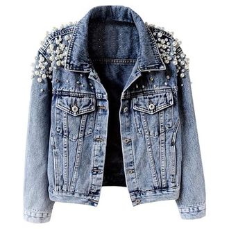 Generic Veste en jean bleue pour femme, brod&eacute;e de perles et rivets, veste courte boutonn&eacute;e, taille S