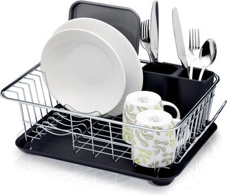 KitchenCraft Abtropfst&auml;nder, verchromter Edelstahl, erh&ouml;htes Drahtgestell, Abtropftablett mit Abfluss, einh&auml;ngbarer Besteckbeh&auml;lter mit Abflussl&ouml;chern, viel Staura