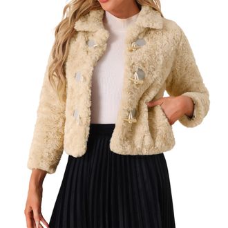 Allegra K Damen Kunstpelz Fell Jacke Revers Kurze Warm Winter-Ober Bekleidung Aprikose XS