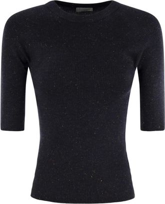 Brunello Cucinelli Femme, Pulls, Bleu, Taille: 38 FR Pull ras du cou c&ocirc;tel&eacute; en cachemire scintillant