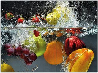 Wallario Herdabdeckplatte/Spritzschutz aus Glas, 2-teilig, 70x52cm, für Ceran- und Induktionsherde, Motiv Früchte im und unter Wasser - Splashing Fruits