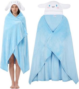 Hello Kitty Sanrio Couverture &agrave; Capuche Fille et Ado, Kuromi Cinnamoroll Plaid Polaire Chaud et Doux pour se Blottir, Kawaii Cadeau Anime (Bleu Cinnamoroll)