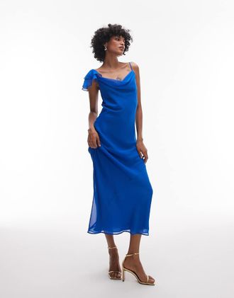 Topshop Robe de soir&eacute;e mi-longue en mousseline &agrave; manches &eacute;vas&eacute;e - Bleu de cobalt