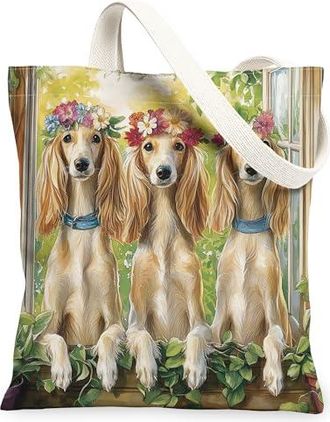 Generic Sac fourre-tout en toile motif chien Saluki printanier 33 x 38,1 cm, sac r&eacute;utilisable &agrave; motif imprim&eacute; de plantes en pot pour femme, animal de compagni